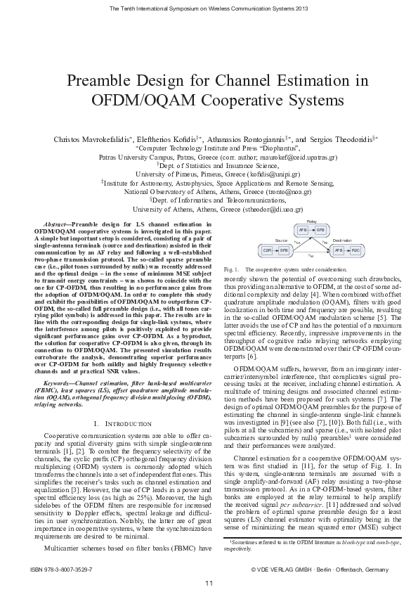 (PDF) Preamble Design for Channel Estimation in OFDM/OQAM Cooperative Systems