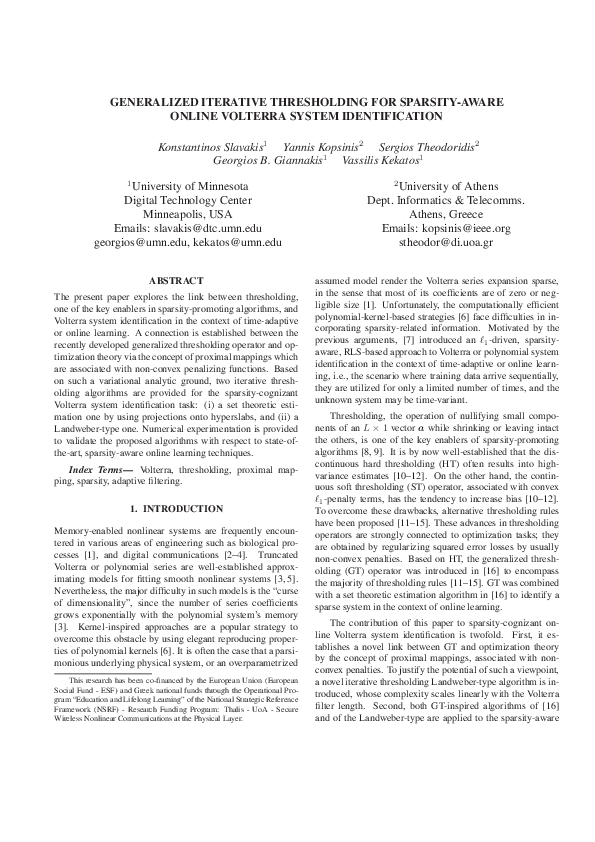 (PDF) Generalized Iterative Thresholding for Sparsity-Aware Online Volterra System Identification