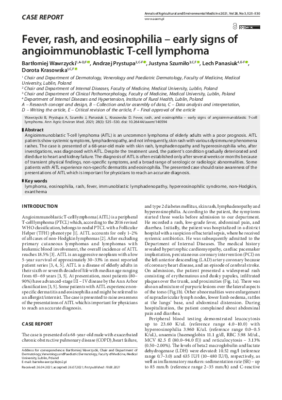 (PDF) Fever, rash, and eosinophilia - early signs of angioimmunoblastic ...