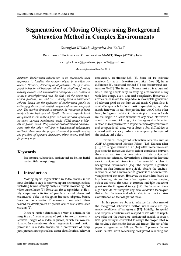 Pdf Segmentation Of Moving Object Using Background Subtraction Method In Complex Environments