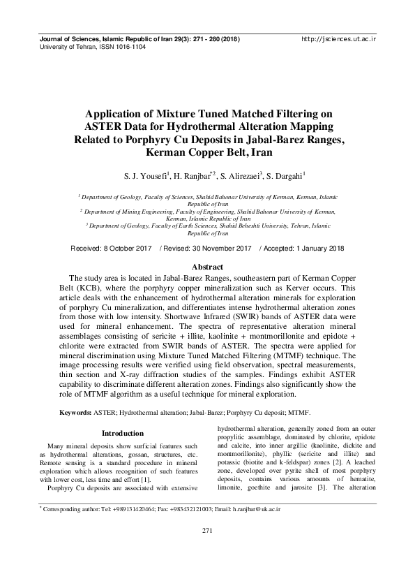 Pdf Application Of Mixture Tuned Matched Filtering On Aster Data For Hydrothermal Alteration