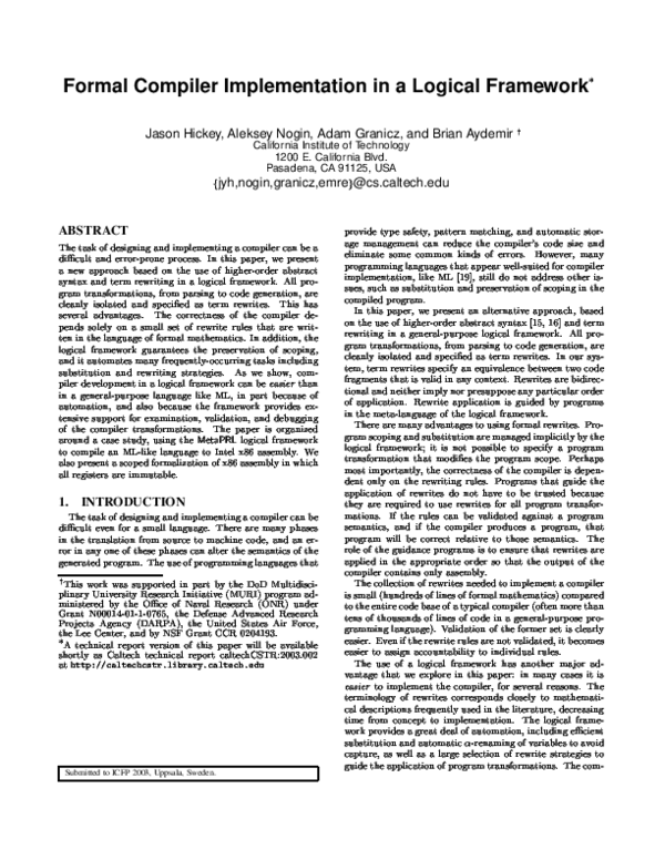 (PDF) Formal Compiler Implementation in a Logical Framework