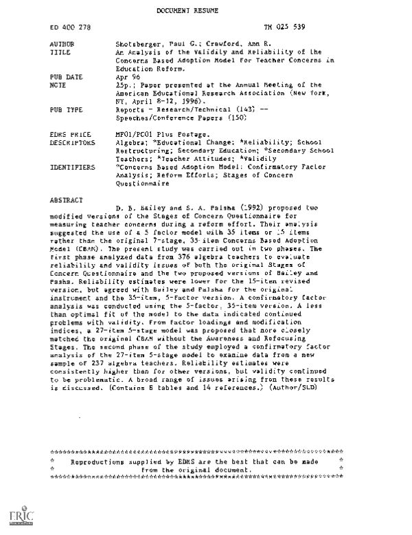 (PDF) An Analysis of the Validity and Reliability of the Concerns Based ...