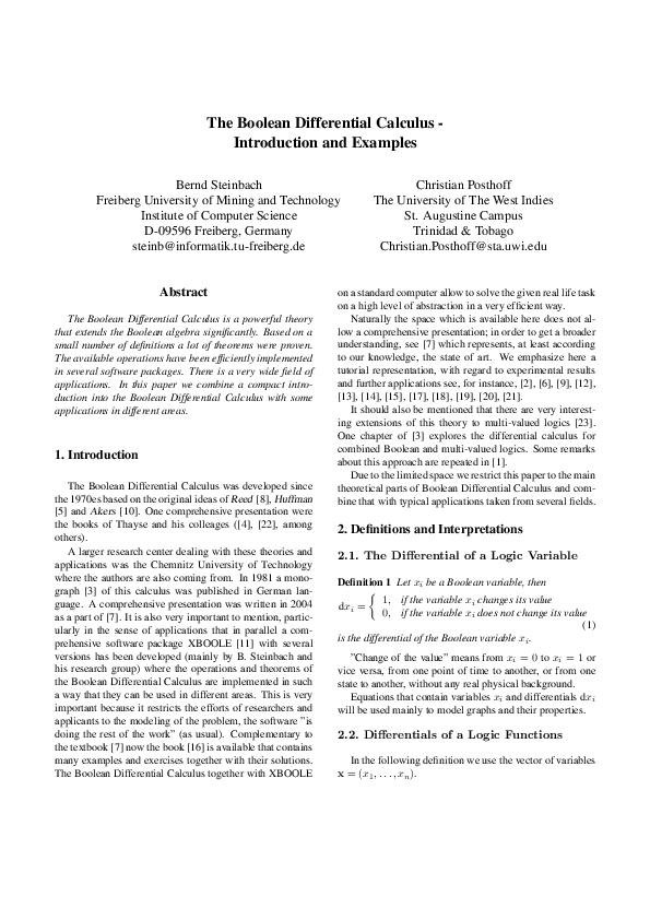 Pdf The Boolean Differential Calculus Introduction And Examples