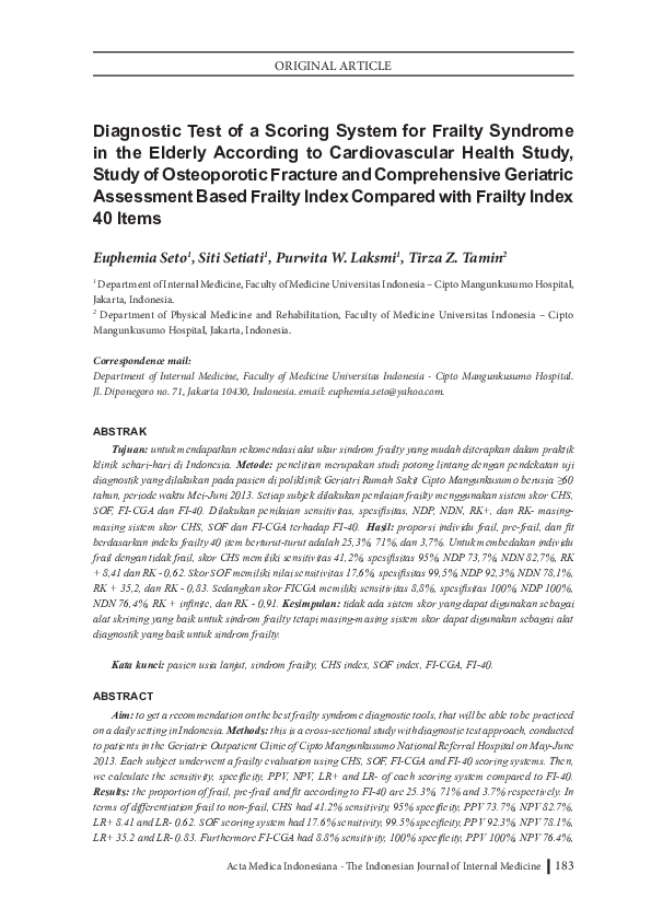 (PDF) Diagnostic Test of a Scoring System for Frailty Syndrome in the ...