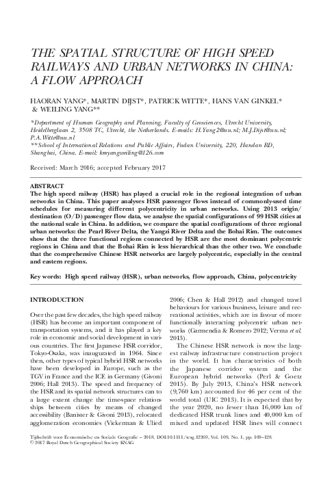 (PDF) The Spatial Structure of High Speed Railways and Urban Networks in China: A Flow Approach