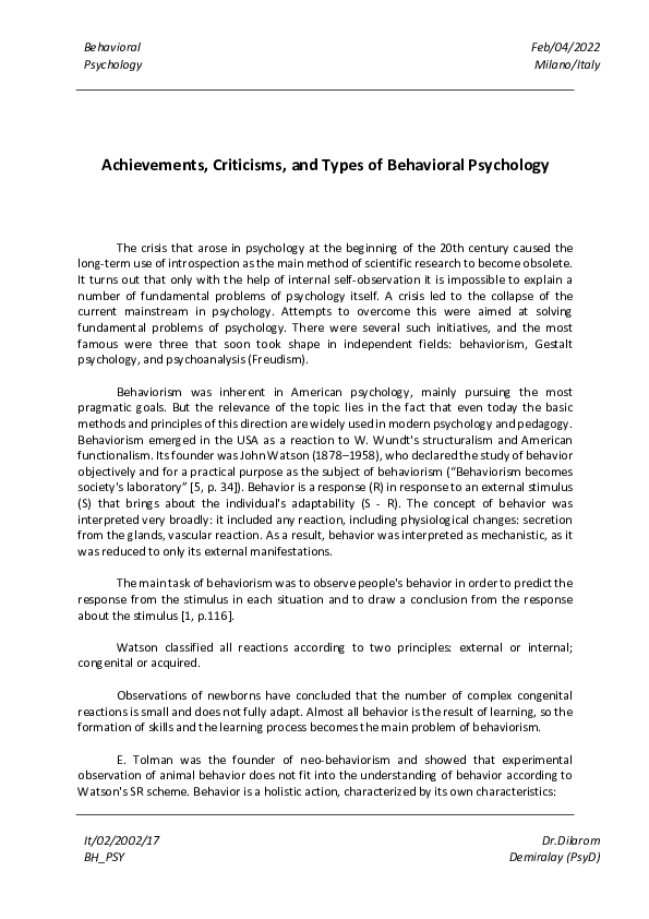 (PDF) Types of Behavioral Psychology