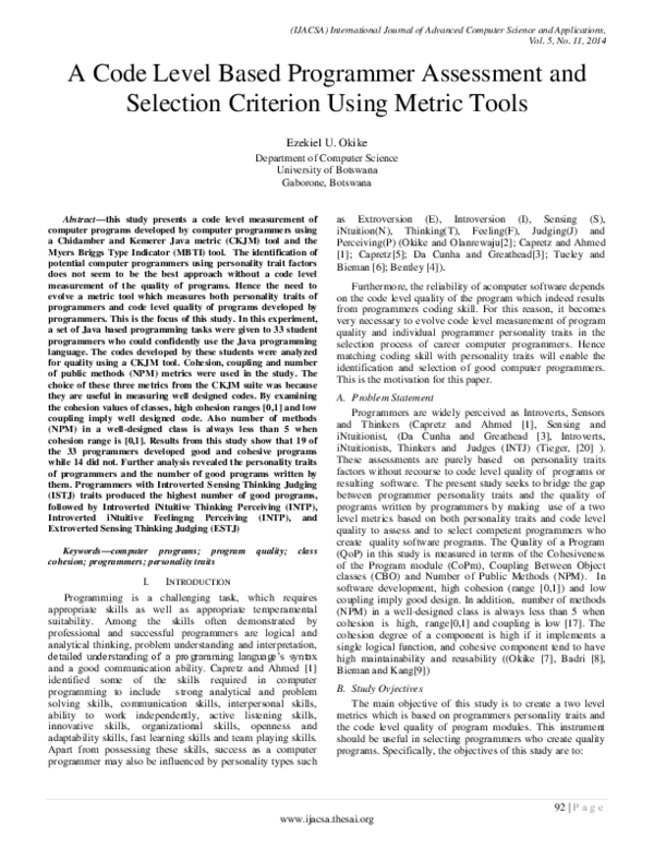 (PDF) A Code Level Based Programmer Assessment and Selection Criterion ...