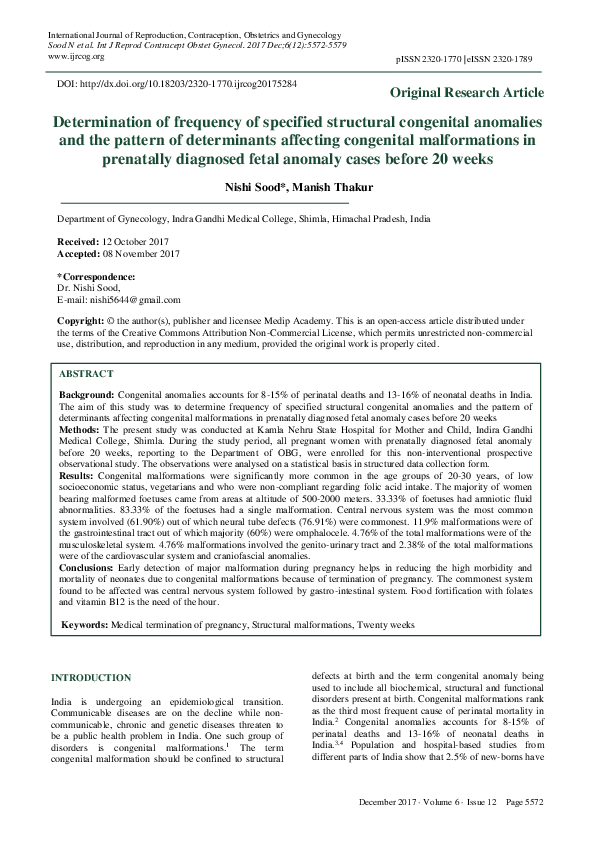 (PDF) Determination of frequency of specified structural congenital ...
