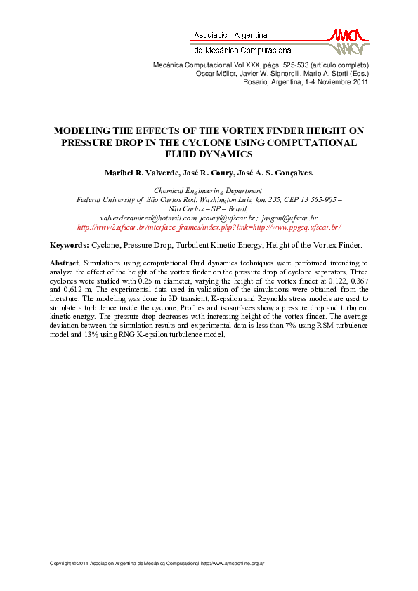 (PDF) Modeling the Effects of the Vortex Finder Height on Pressure Drop in the Cyclone Using ...