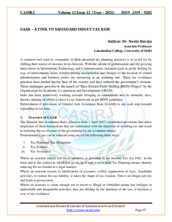 (PDF) GAAR -A TOOL TO SAFEGUARD INDIA'S TAX BASE