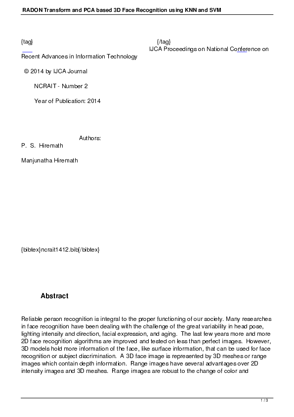 (PDF) RADON Transform and PCA based 3D Face Recognition using KNN and SVM | Prakash Hiremath ...