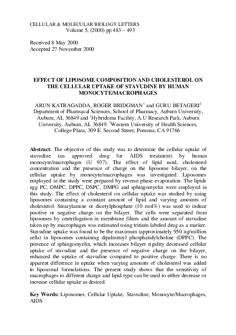 (PDF) Cholesterol Impact on Stavudine Uptake in Cells