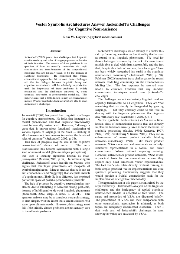 Pdf Vector Symbolic Architectures Answer Jackendoffs Challenges For Cognitive Neuroscience 