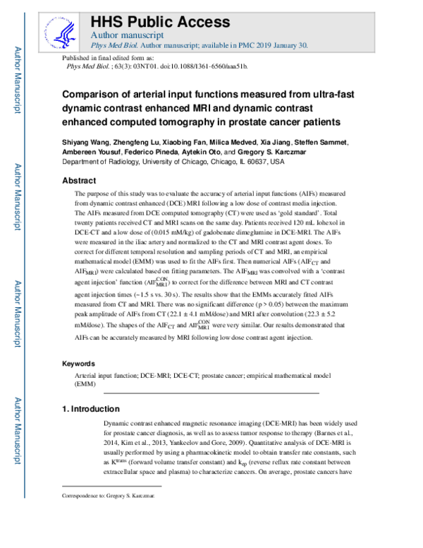 Pdf Comparison Of Arterial Input Functions Measured From Ultra Fast Dynamic Contrast Enhanced