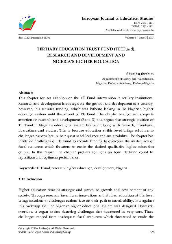 (PDF) TERTIARY EDUCATION TRUST FUND (TETFund), RESEARCH AND DEVELOPMENT ...