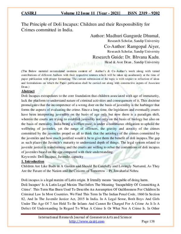 (PDF) The Principle of Doli Incapax: Children and their Responsibility ...