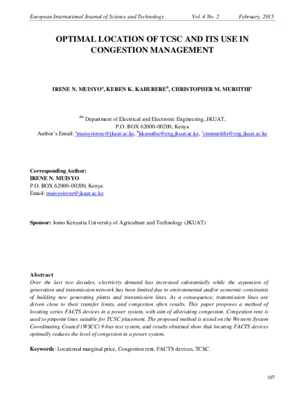 (PDF) Optimal Location of TCSC and Its Use in Congestion Management | Irene Muisyo - Academia.edu