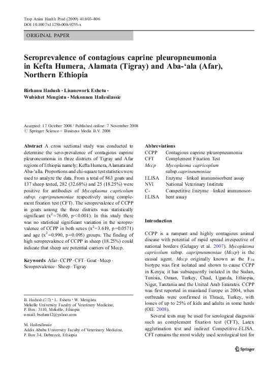 (PDF) Seroprevalence of contagious caprine pleuropneumonia in Kefta ...