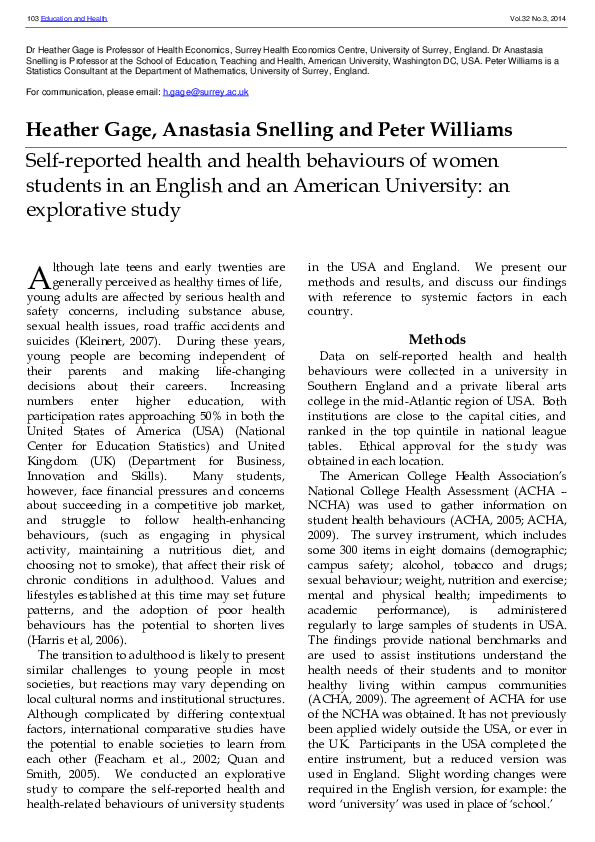 (PDF) Self-reported health and health behaviours of women students in ...