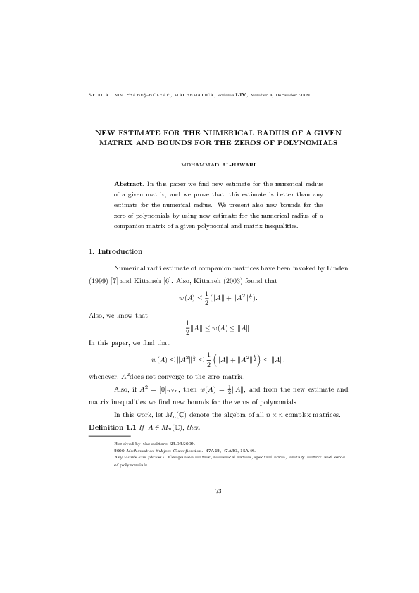 (PDF) New Estimate for the Numerical Radius of a Given Matrix and Bounds for the Zeros of ...