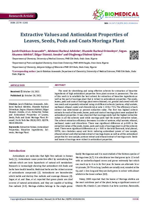 (PDF) Extractive Values and Antioxidant Properties of Leaves, Seeds ...
