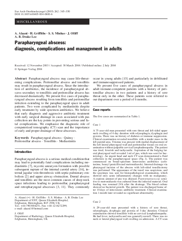 (PDF) Parapharyngeal abscess: diagnosis, complications and management ...