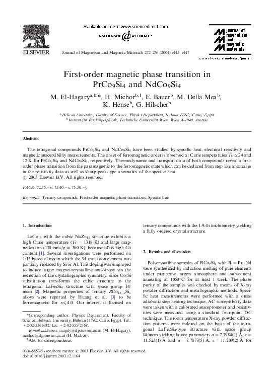 (PDF) First-order magnetic phase transition in PrCo9Si4 and NdCo9Si4