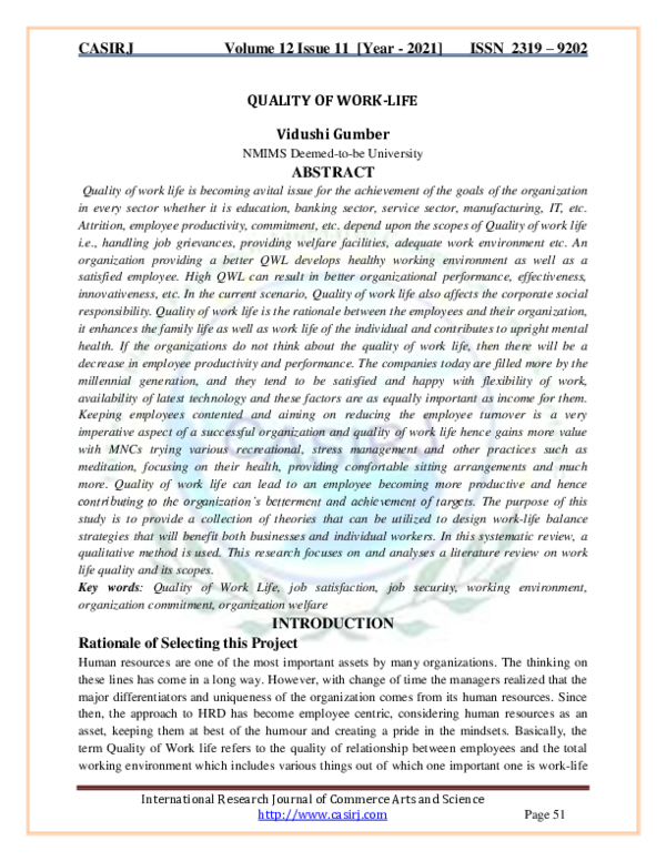 (PDF) QUALITY OF WORK-LIFE