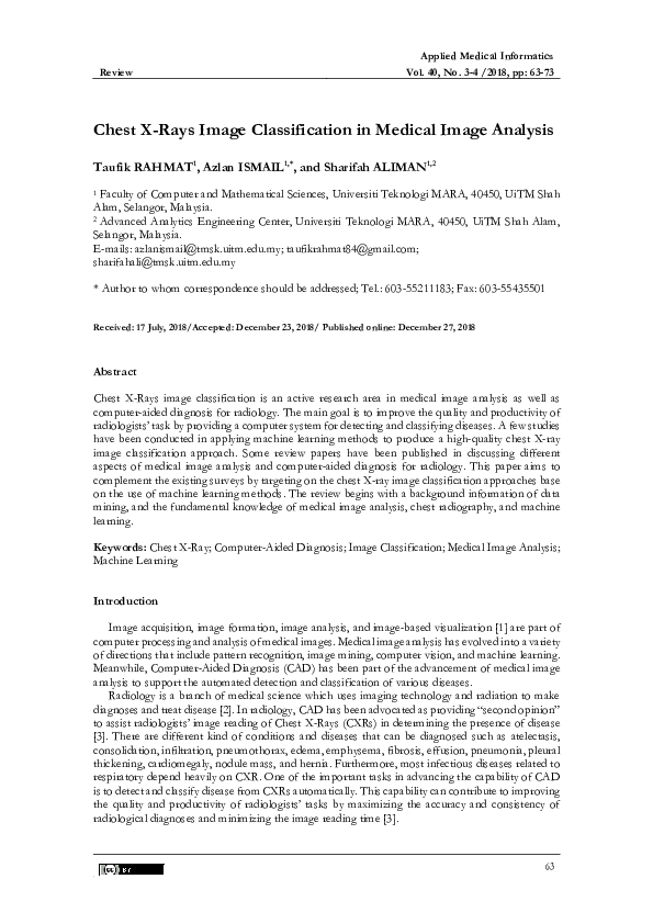 (PDF) Chest X-Rays Image Classification in Medical Image Analysis