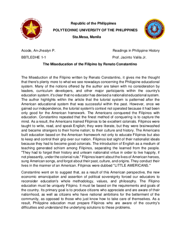 (PDF) THE MISEDUCTION OF THE FILIPINO BY RENATO CONSTANTINO