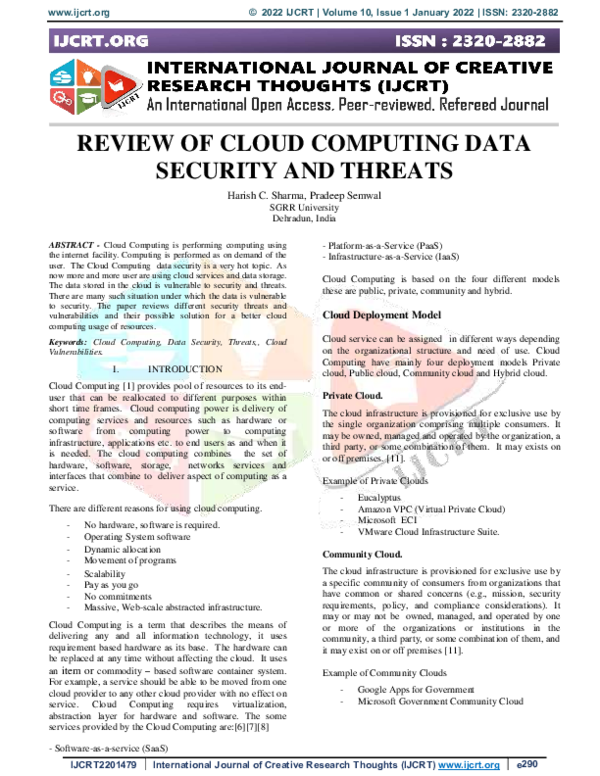 Pdf Review Of Cloud Computing Data Security And Threats