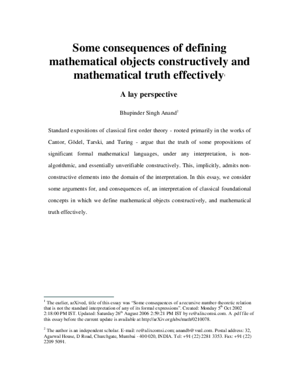 (PDF) Some consequences of defining mathematical objects constructively ... (PDF) Some consequences of defining mathematical objects constructively ...