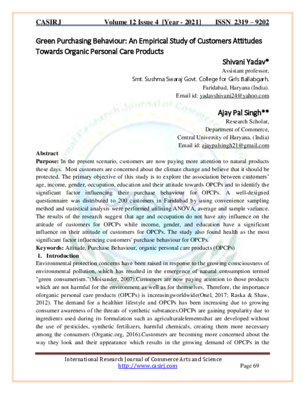 (PDF) Green Purchasing Behaviour: An Empirical Study of Customers Attitudes Towards Organic ...