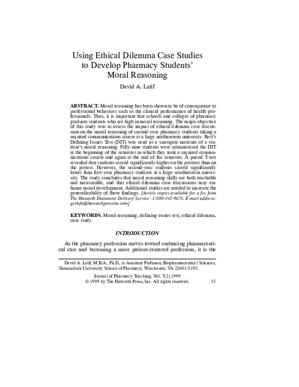(PDF) Using Ethical Dilemma Case Studies to Develop Pharmacy Students ...
