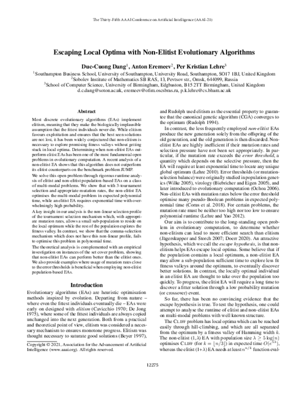 (PDF) Escaping Local Optima with Non-Elitist Evolutionary Algorithms