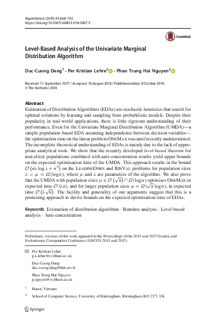 Pdf Level Based Analysis Of The Univariate Marginal Distribution Algorithm