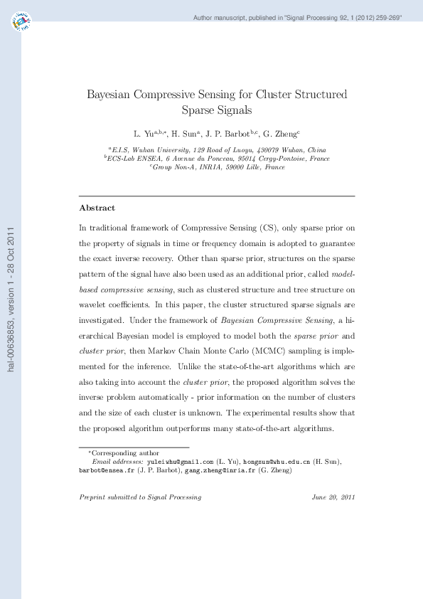 (PDF) Bayesian compressive sensing for cluster structured sparse signals