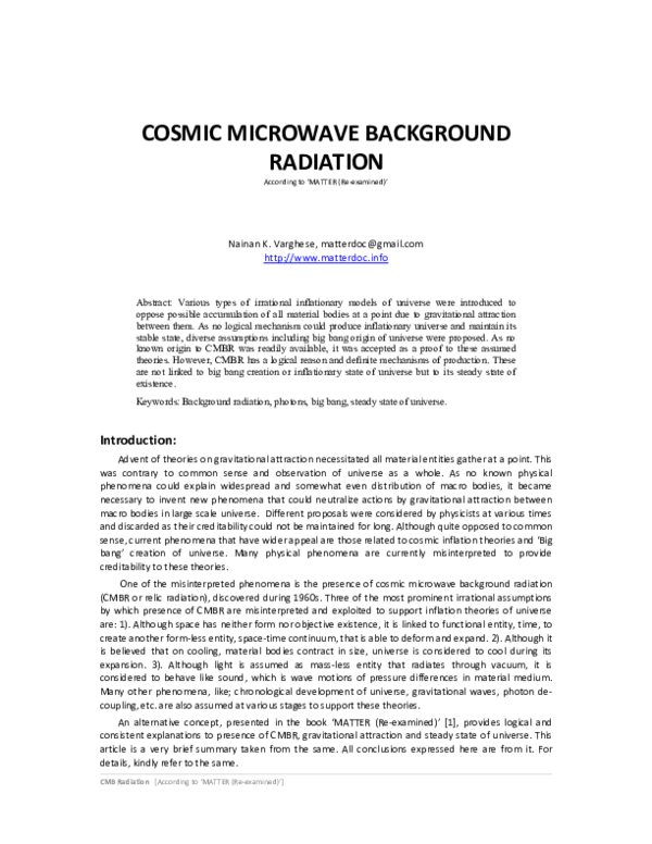 (PDF) CMB Radiation [According to ‘MATTER (Re-examined)’] COSMIC ...