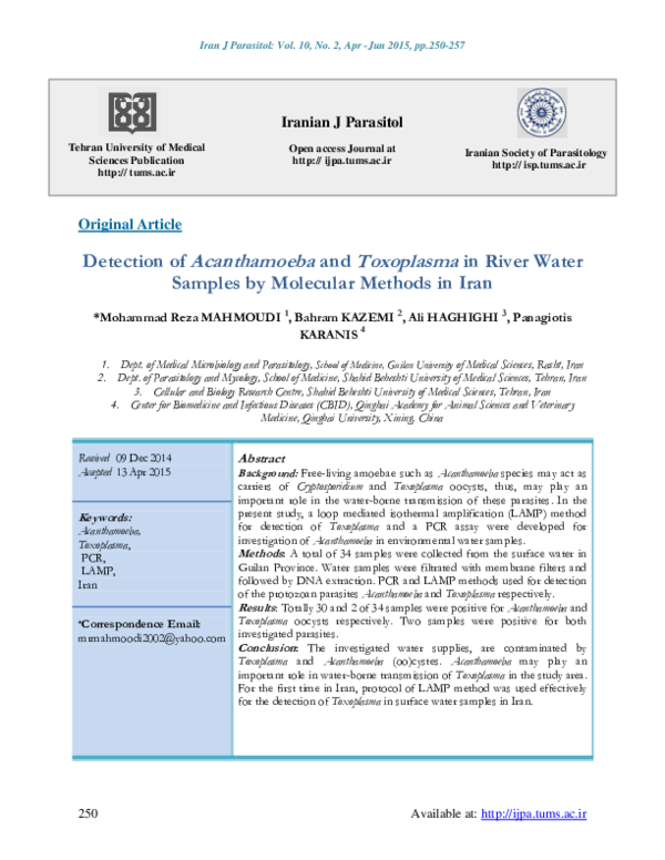 Pdf Detection Of Acanthamoeba And Toxoplasma In River Water Samples
