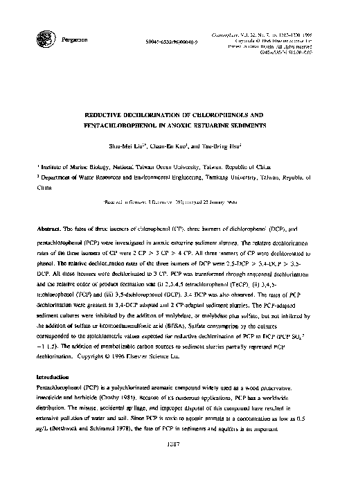 Reductive Dechlorination Of Chlorophenols And Pentachlorophenol In Anoxic Estuarine Sediments