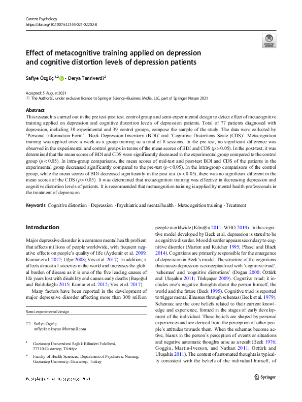 (PDF) Effect of metacognitive training applied on depression and cognitive distortion levels of ...