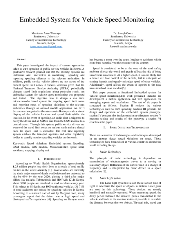 (PDF) Embedded system for vehicle speed monitoring