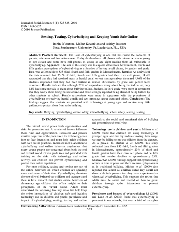 (PDF) Sexting, Texting, Cyberbullying and Keeping Youth Safe Online