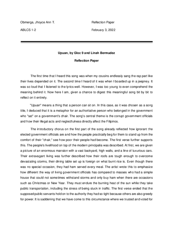 (PDF) Upuan, by Gloc 9 and Linah Bermudez | Reflection Paper | Jhoyce ...