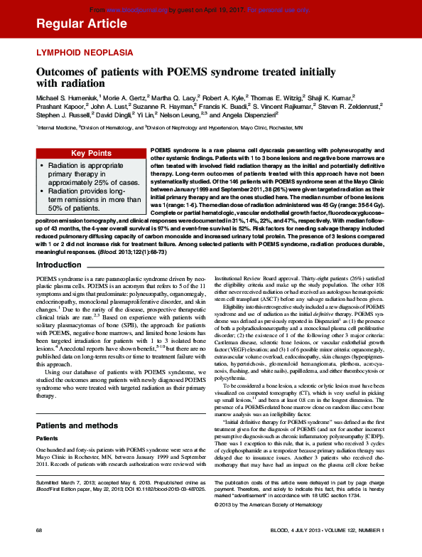 (PDF) Outcomes of patients with POEMS syndrome treated initially with ...