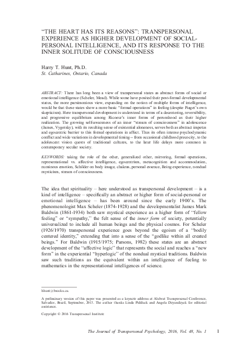(PDF) The Heart Has Its Reasons": Transpersonal Experience as Higher ...