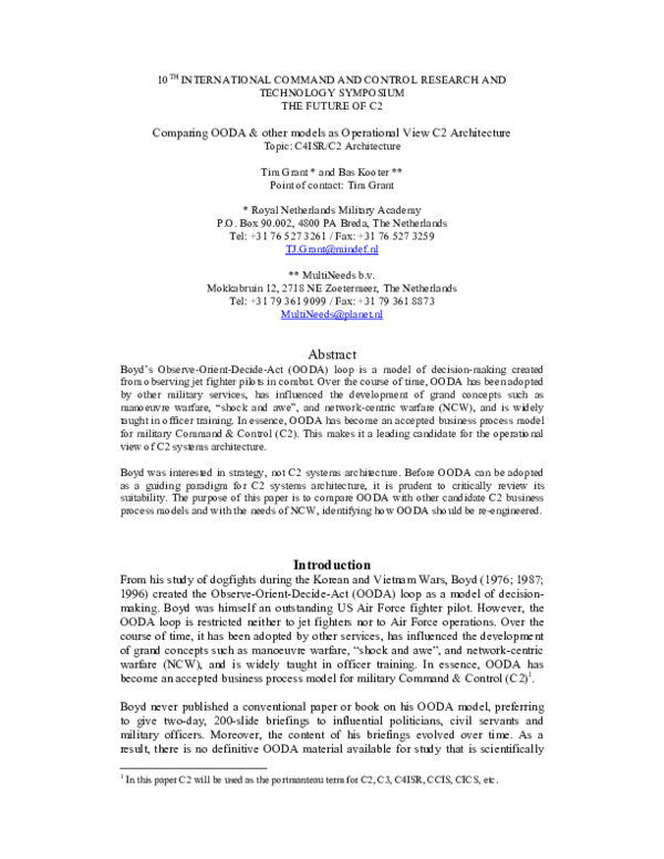 (PDF) THE FUTURE OF C2 Comparing OODA & other models as Operational ...
