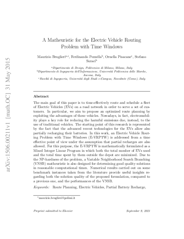 (PDF) A Matheuristic for the Electric Vehicle Routing Problem with Time ...