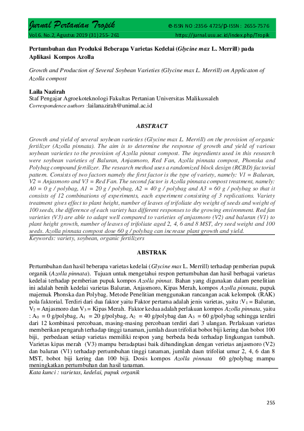 (PDF) Pertumbuhan dan Produksi Beberapa Varietas Kedelai (Glycine max L. Merrill) pada Aplikasi ...